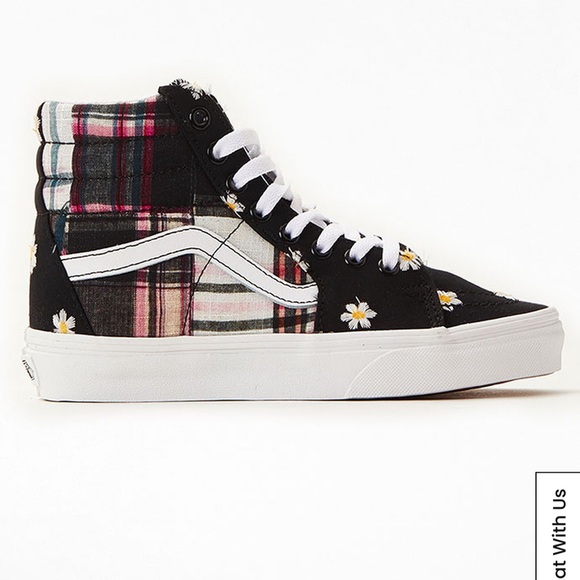 Vans | Shoes | Vans Sk8 Hi Floral Plaid Patchwork Daisy Black White ...